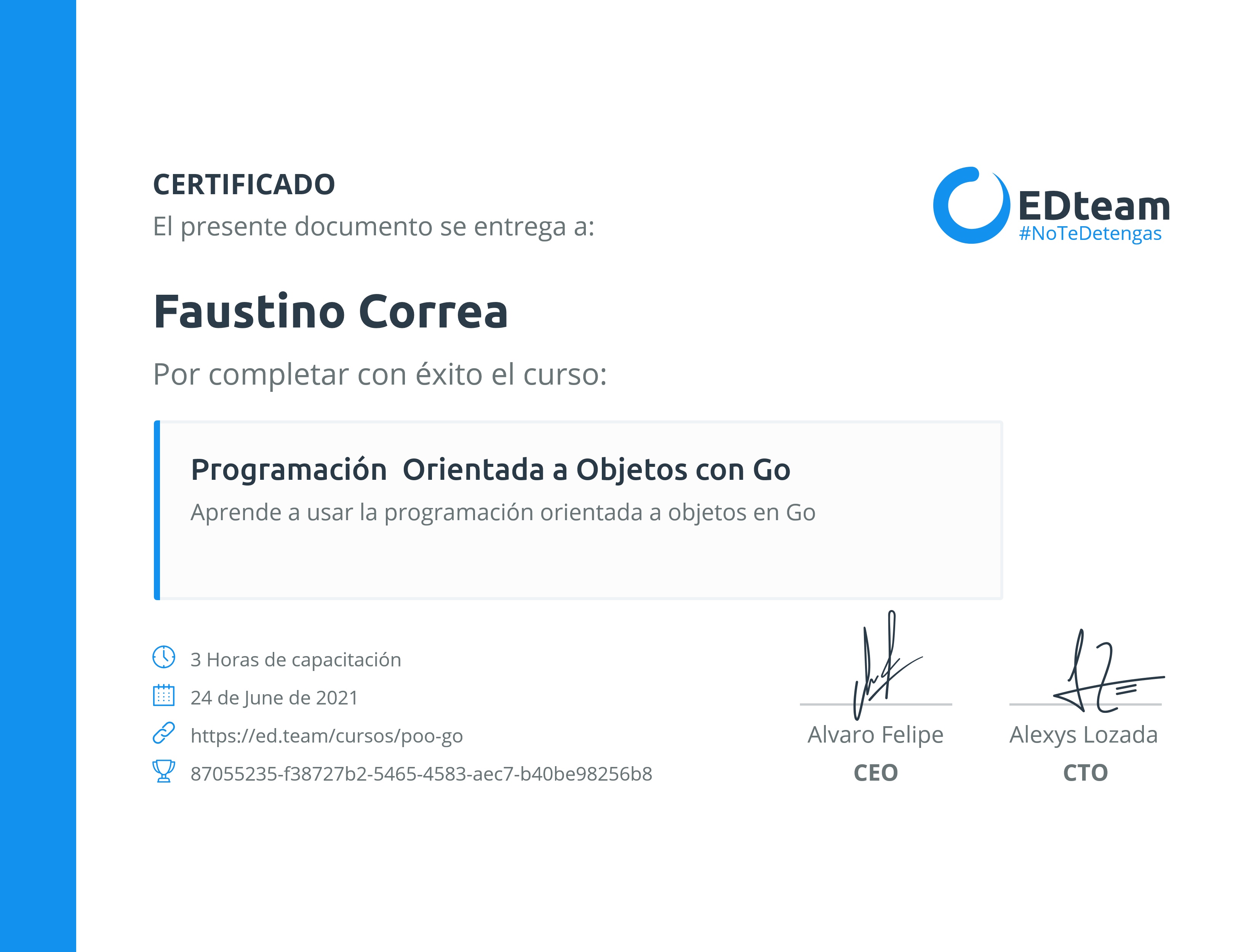 Certificado de Faustino Correa del curso Programación Orientada a Objetos con Go | EDteam