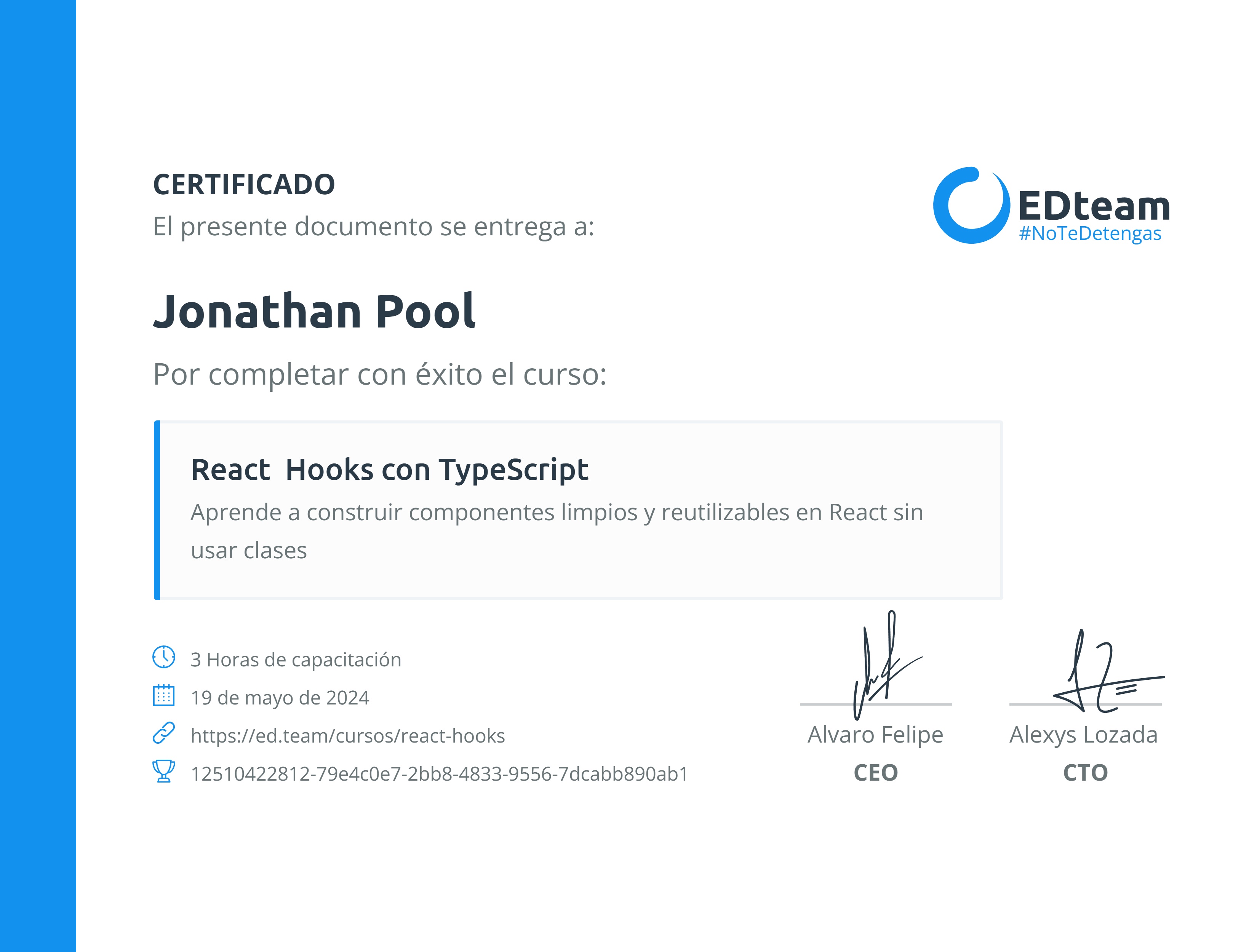 Certificado de Jonathan Pool del curso React Hooks con TypeScript | EDteam
