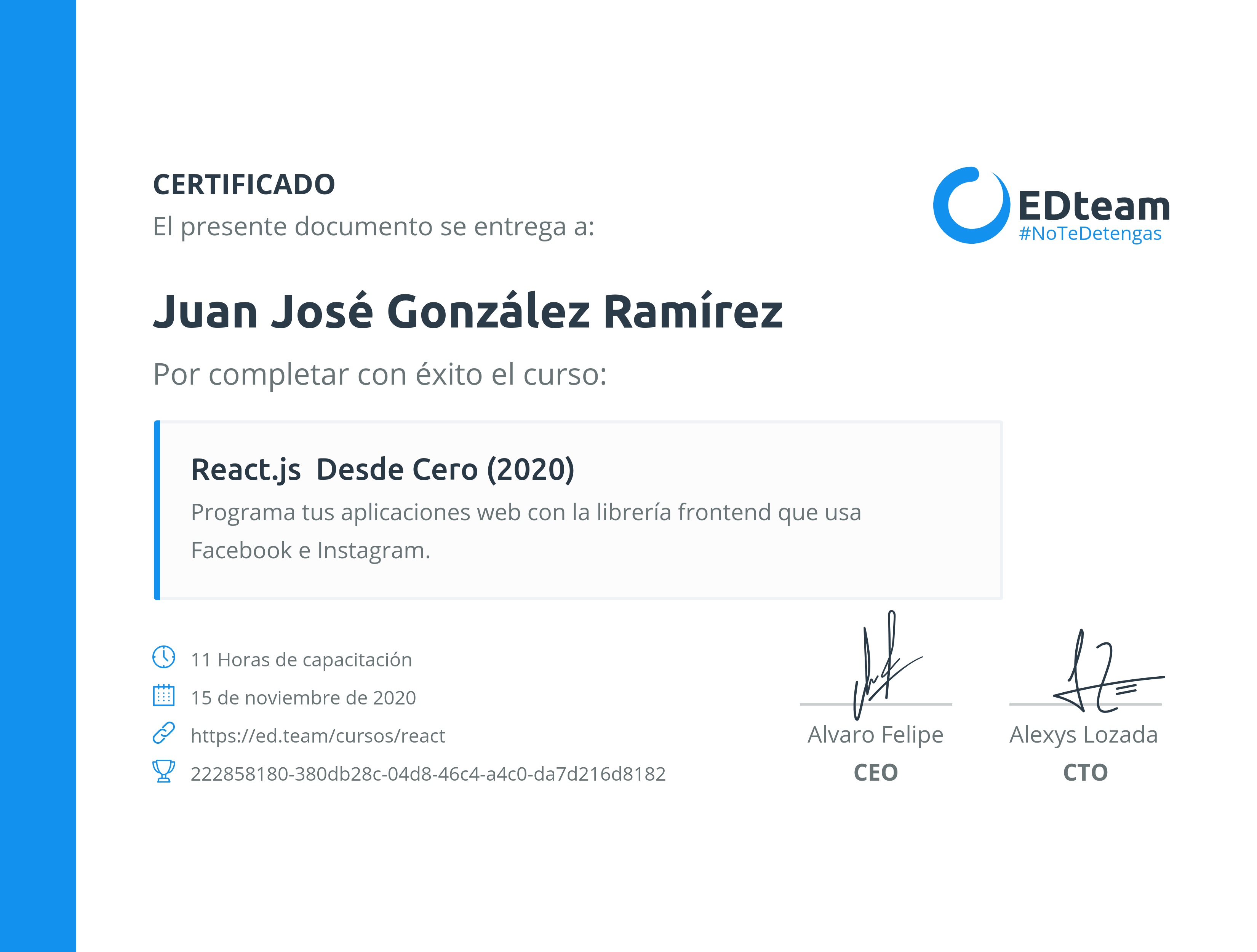 Certificado de Juan José del curso React.js Desde Cero (2019) | EDteam