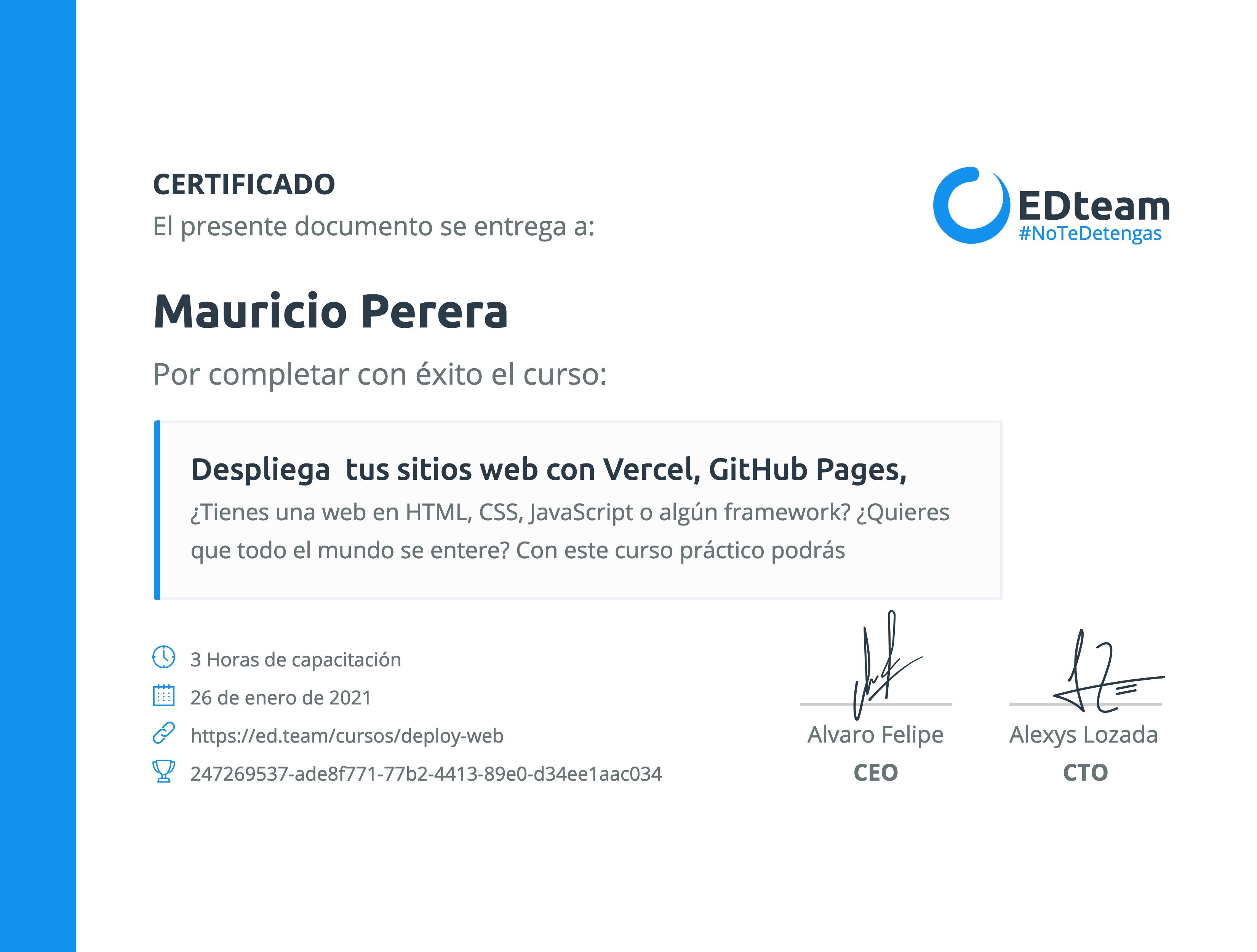 Certificado de Mauricio Perera del curso Despliega tus sitios web con Vercel, GitHub Pages ...