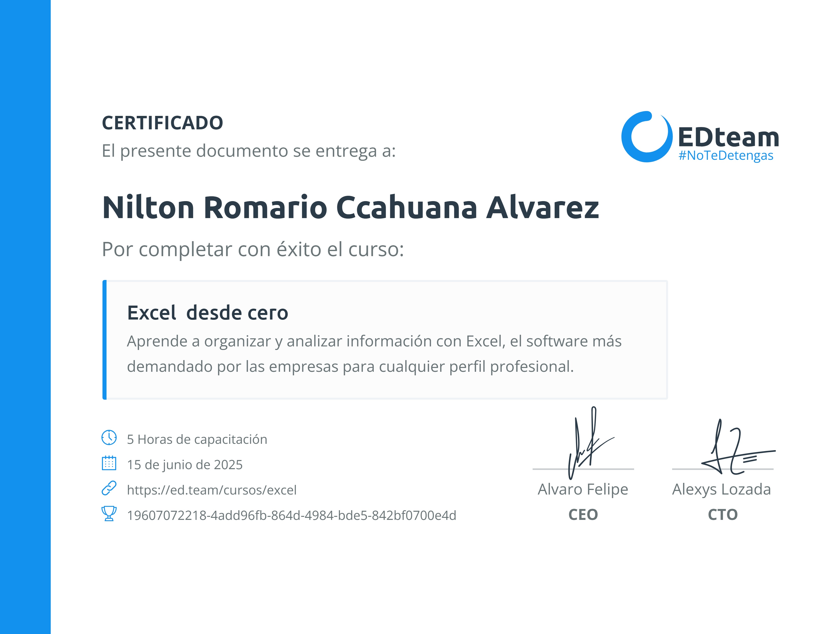 Certificado de Nilton Romario Ccahuana Alvarez del curso Excel desde cero | EDteam