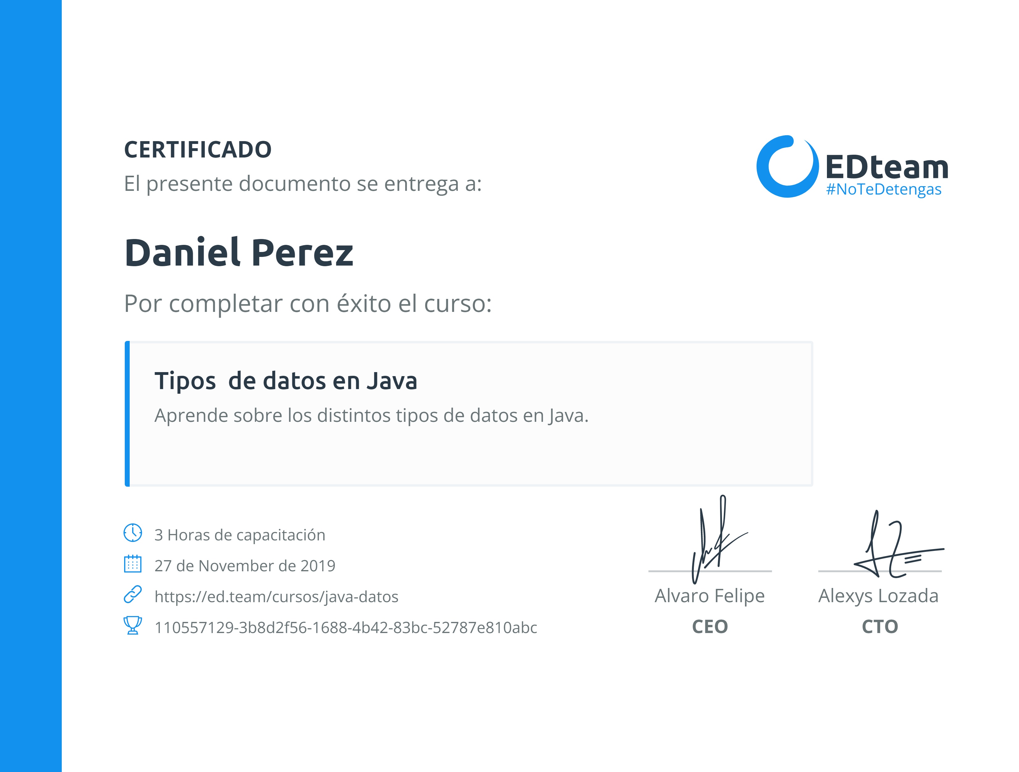 Certificado de Daniel Perez del curso Tipos de datos en Java | EDteam