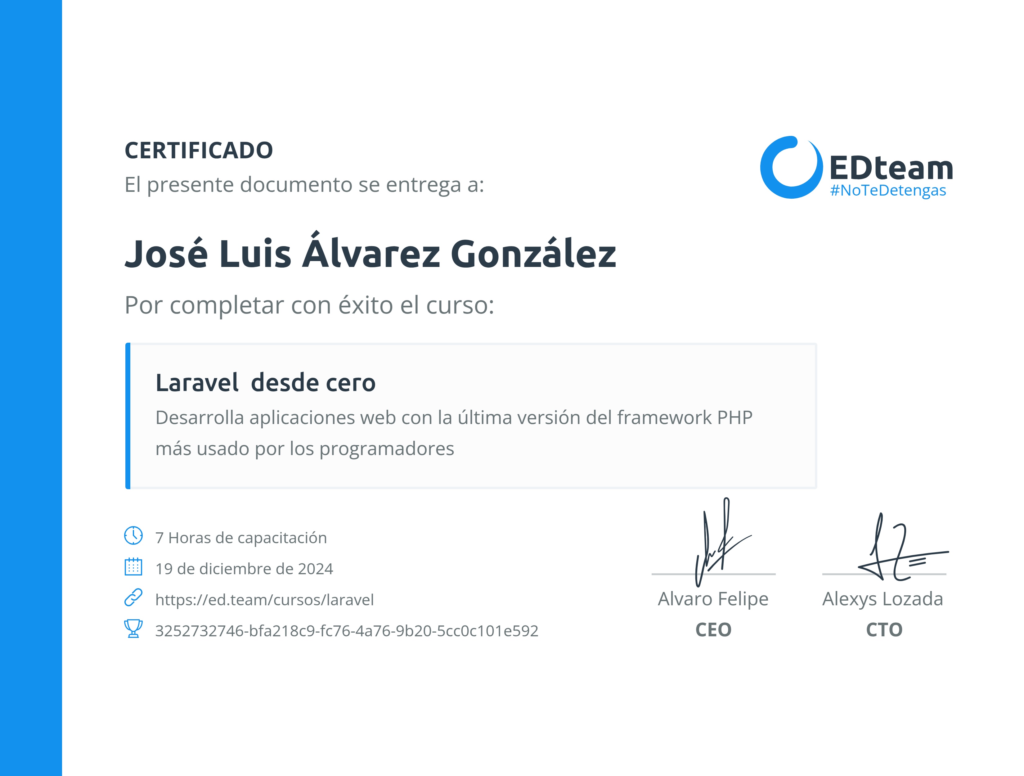 Certificado de José Luis Álvarez González del curso Laravel desde cero | EDteam