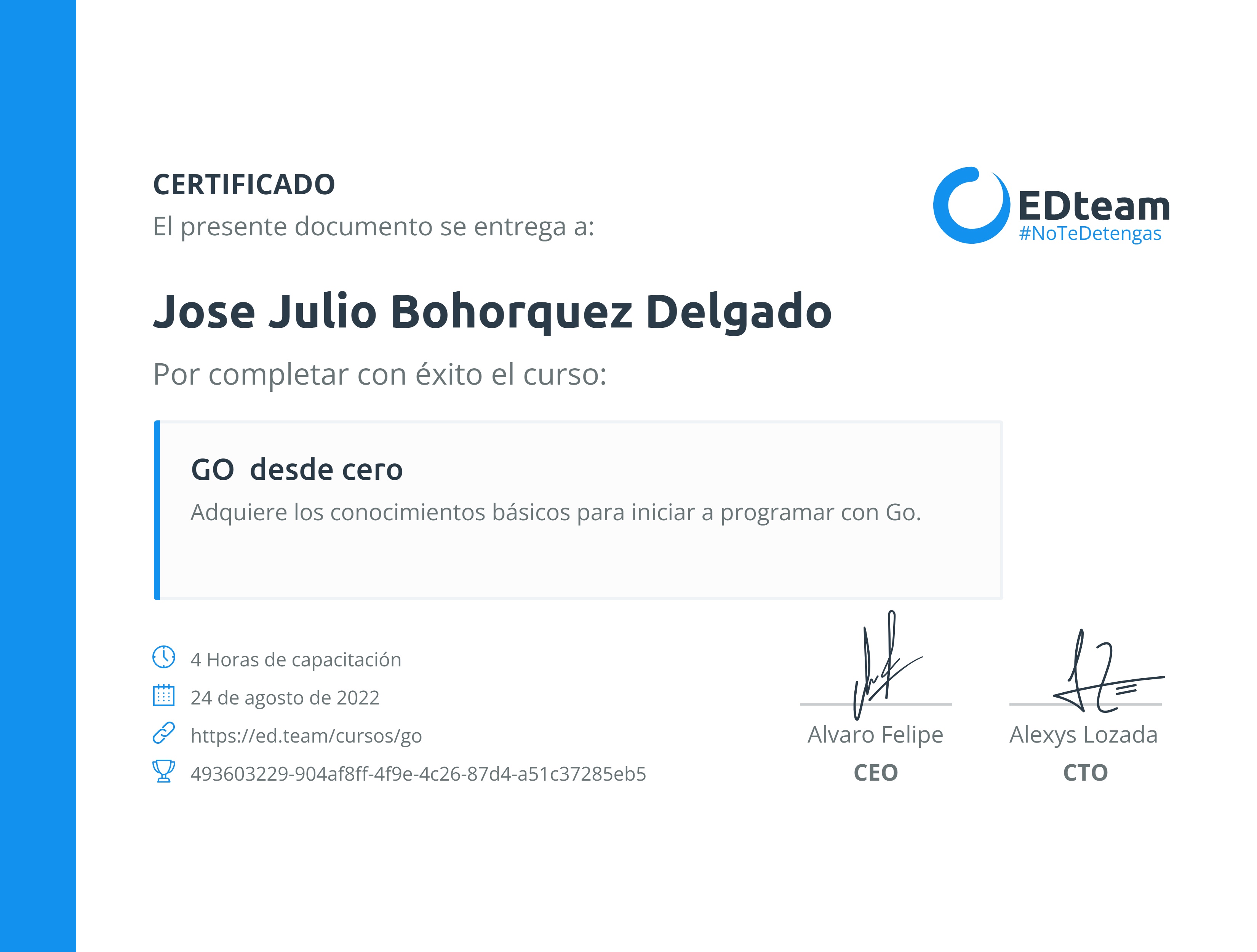 Certificado de Jose Julio Bohorquez Delgado del curso GO desde cero (2020) | EDteam