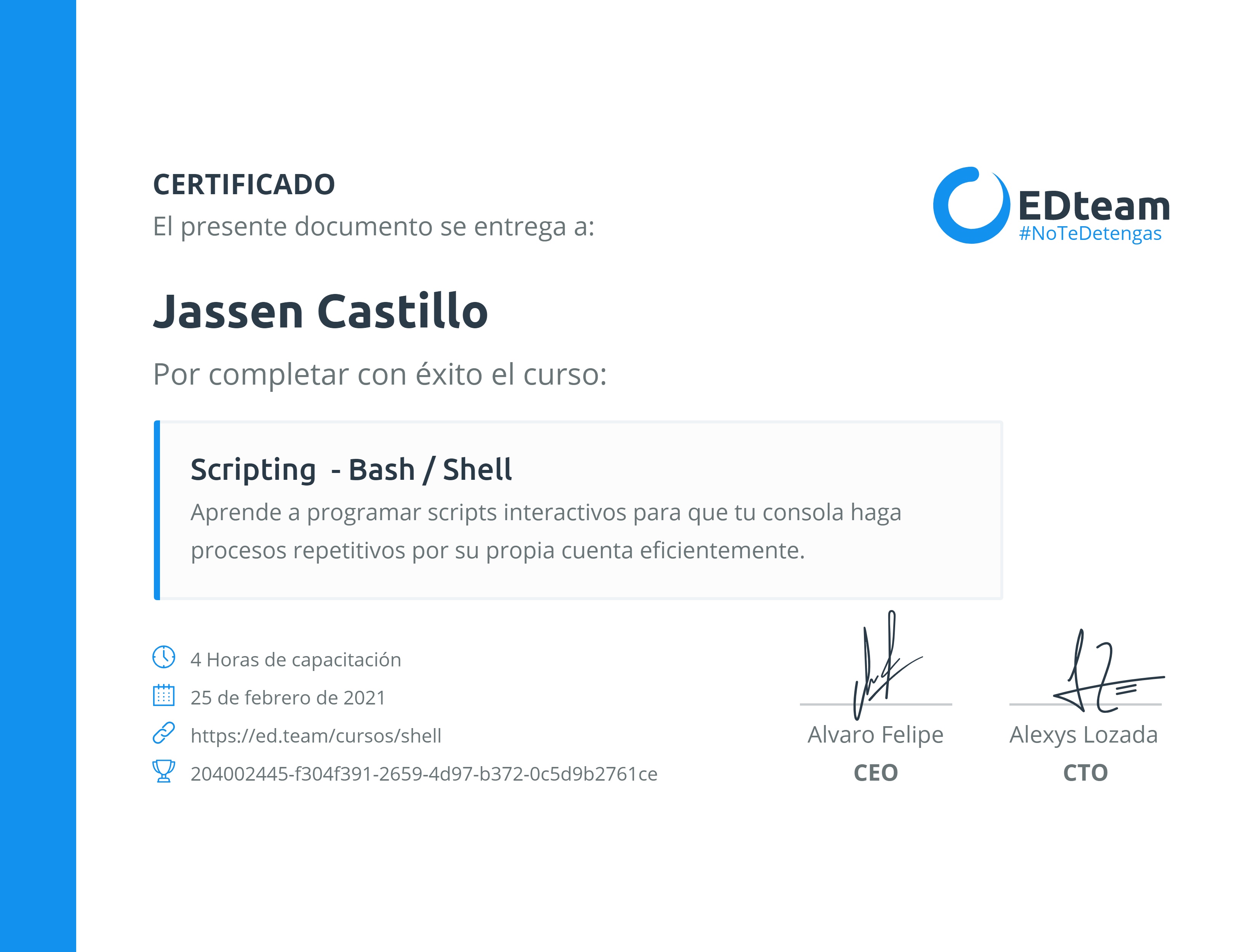 Certificado de j c del curso Scripting - Bash / Shell | EDteam