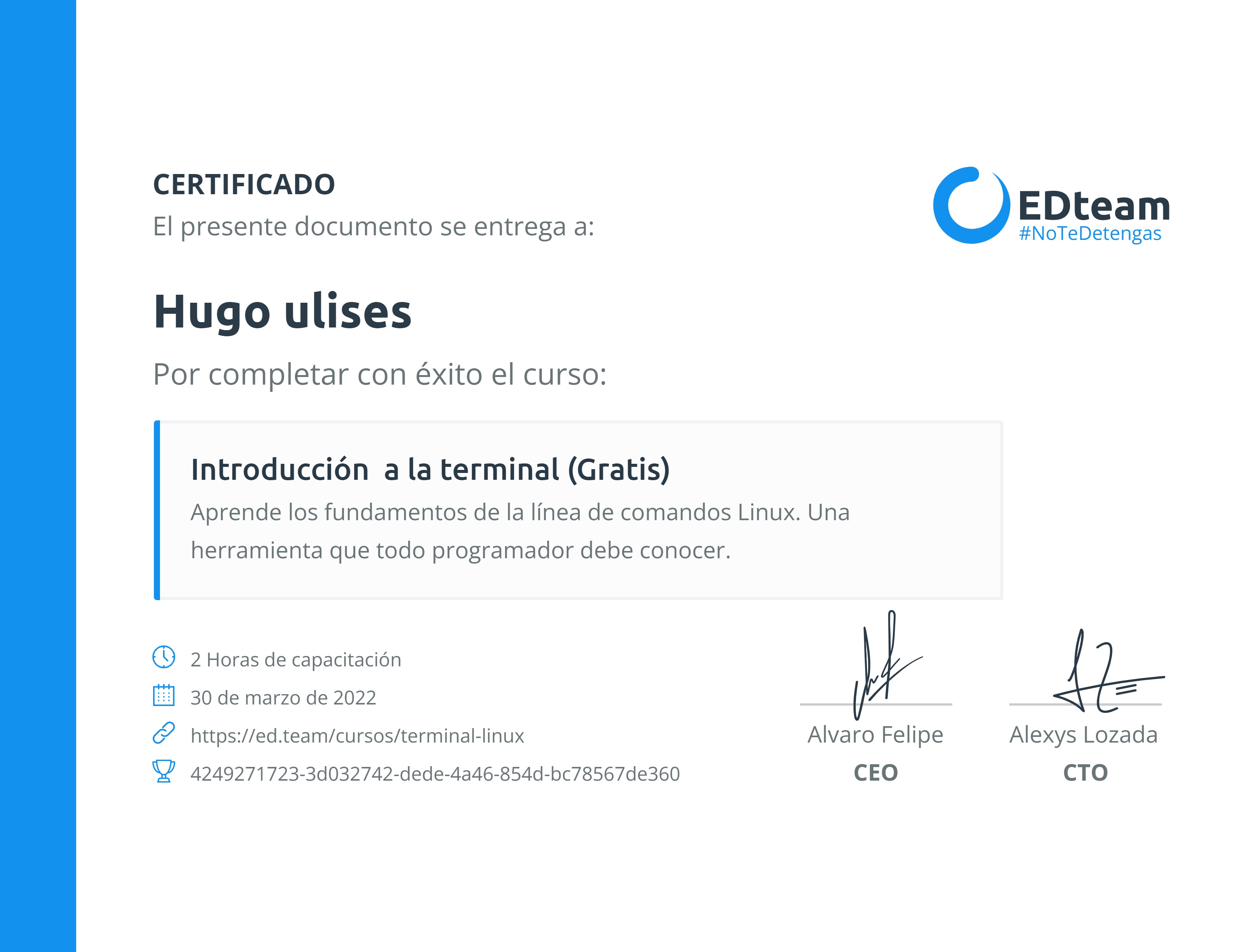 Certificado de Hugo ulises del curso Introducción a la terminal (Gratis) | EDteam