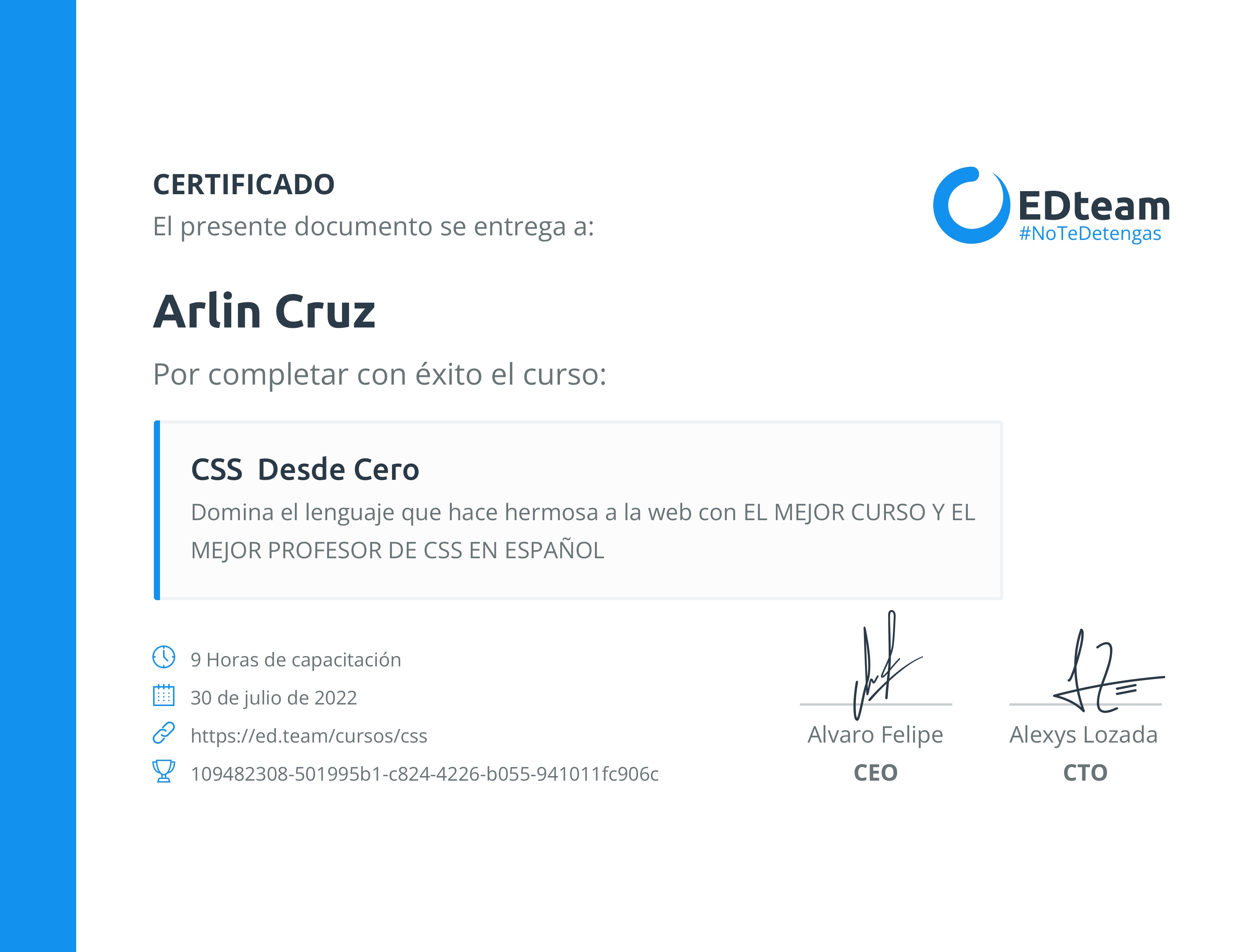 Certificado de Arlin Cruz del curso CSS desde cero (2020) | EDteam