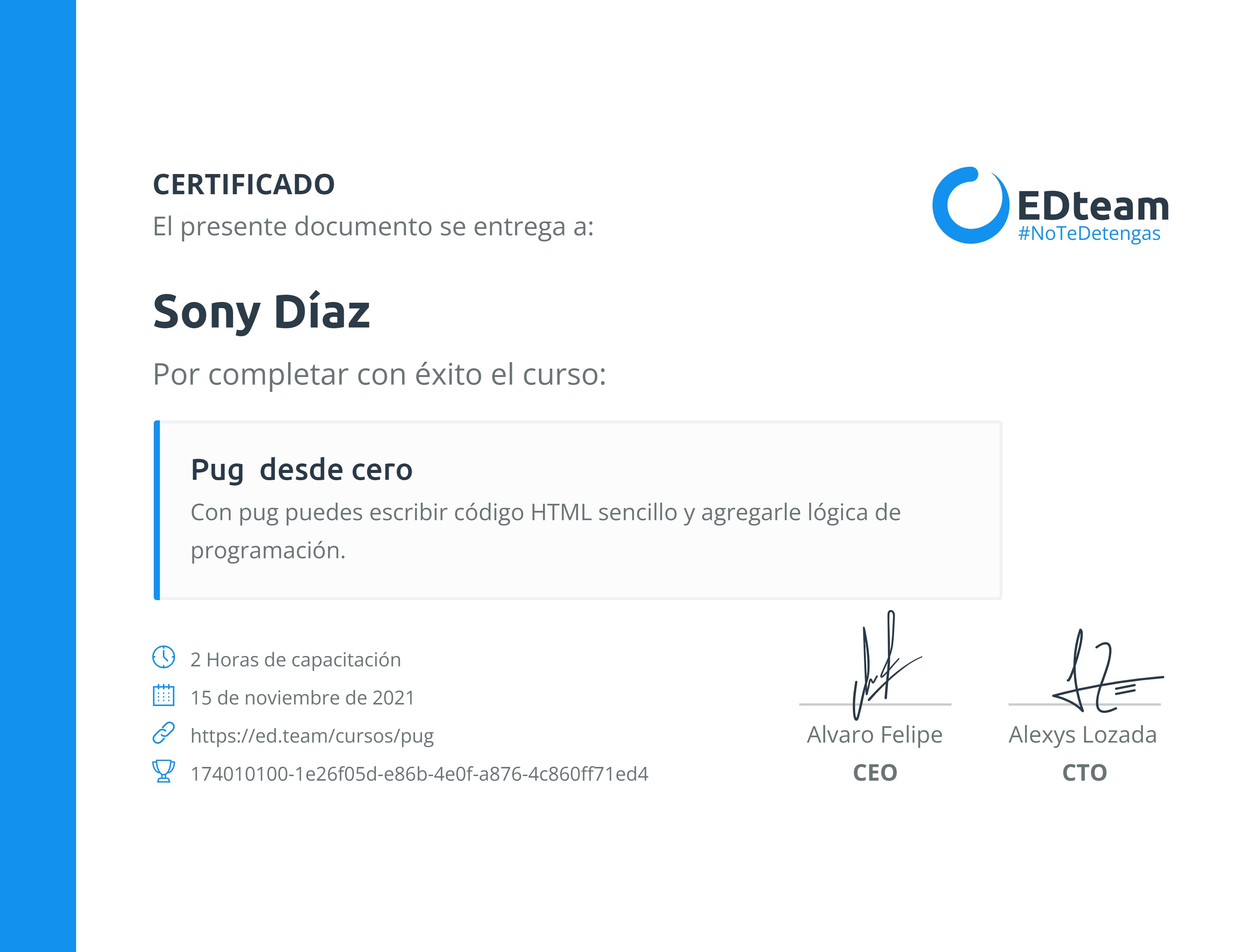 Certificado de Sony Díaz del curso Pug desde cero (Gratis) | EDteam