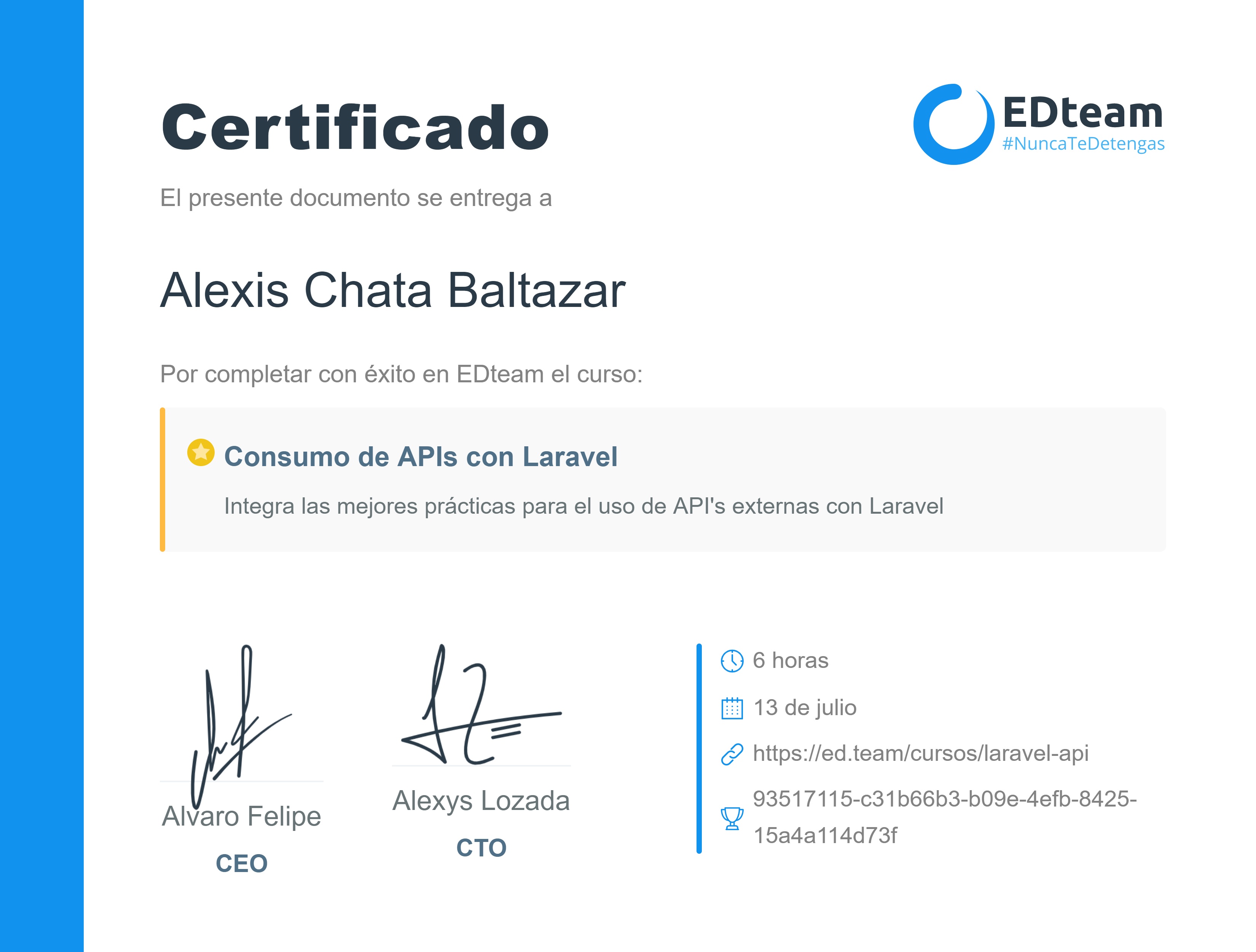 Certificado de Alexis Chata del curso Consumo de APIs con Laravel | EDteam
