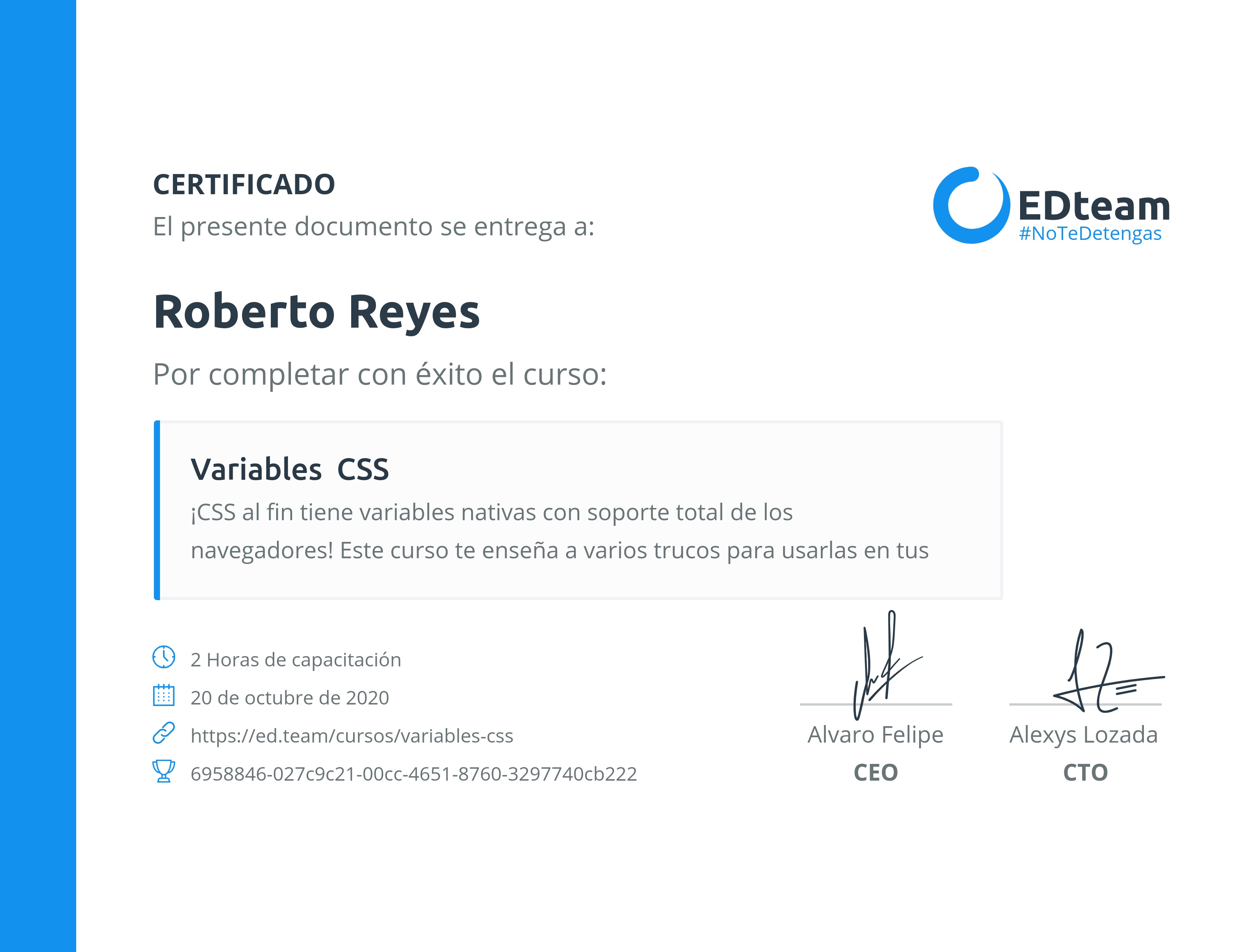 Certificado de Roberto Reyes del curso Variables CSS | EDteam