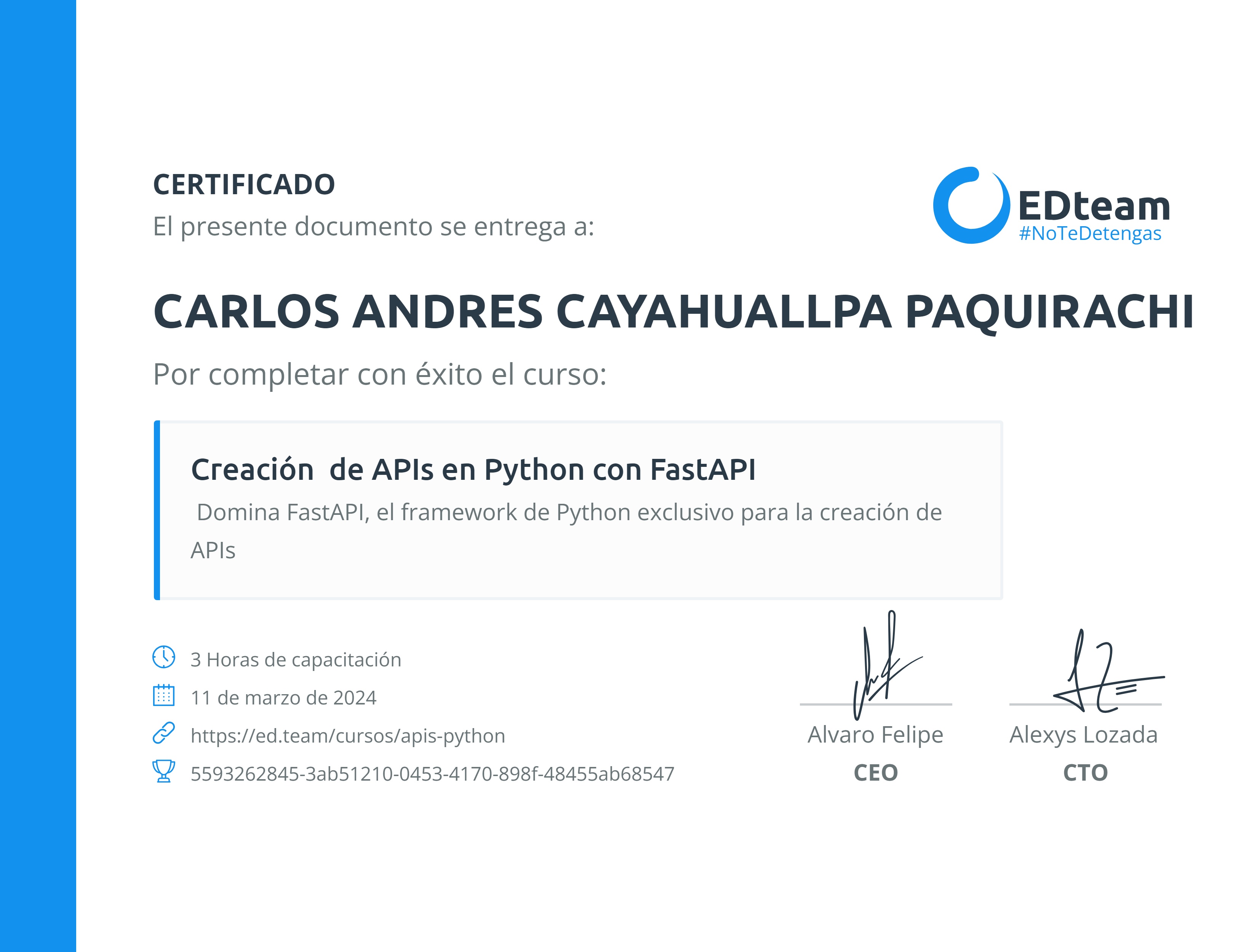Certificado de CARLOS ANDRES CAYAHUALLPA PAQUIRACHI del curso Creación ...