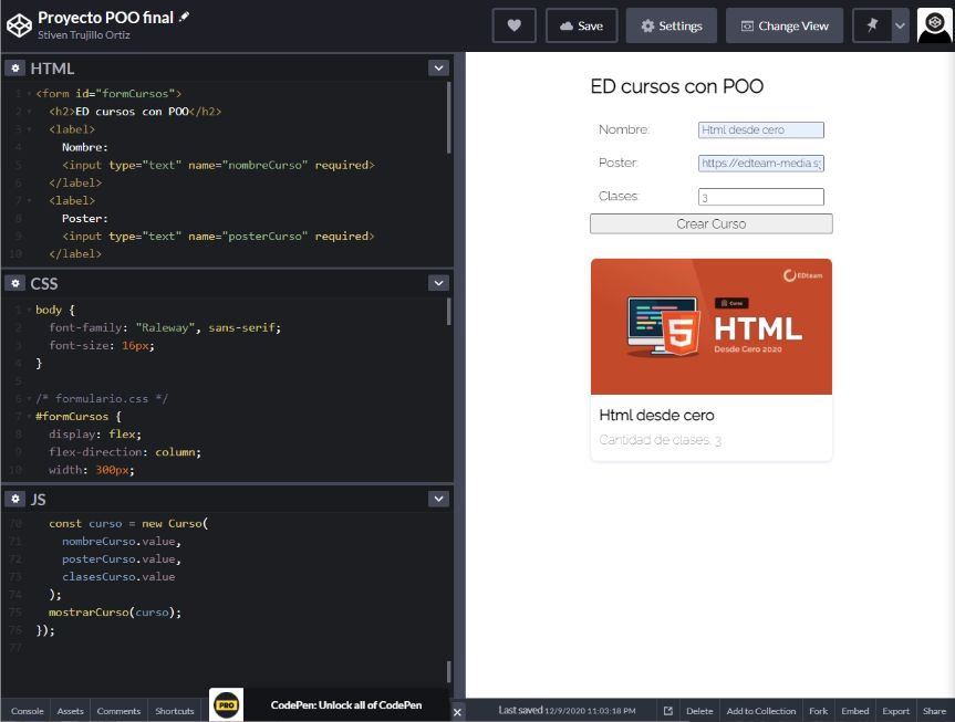 Proyecto final Cursos CODEPEN | EDteam