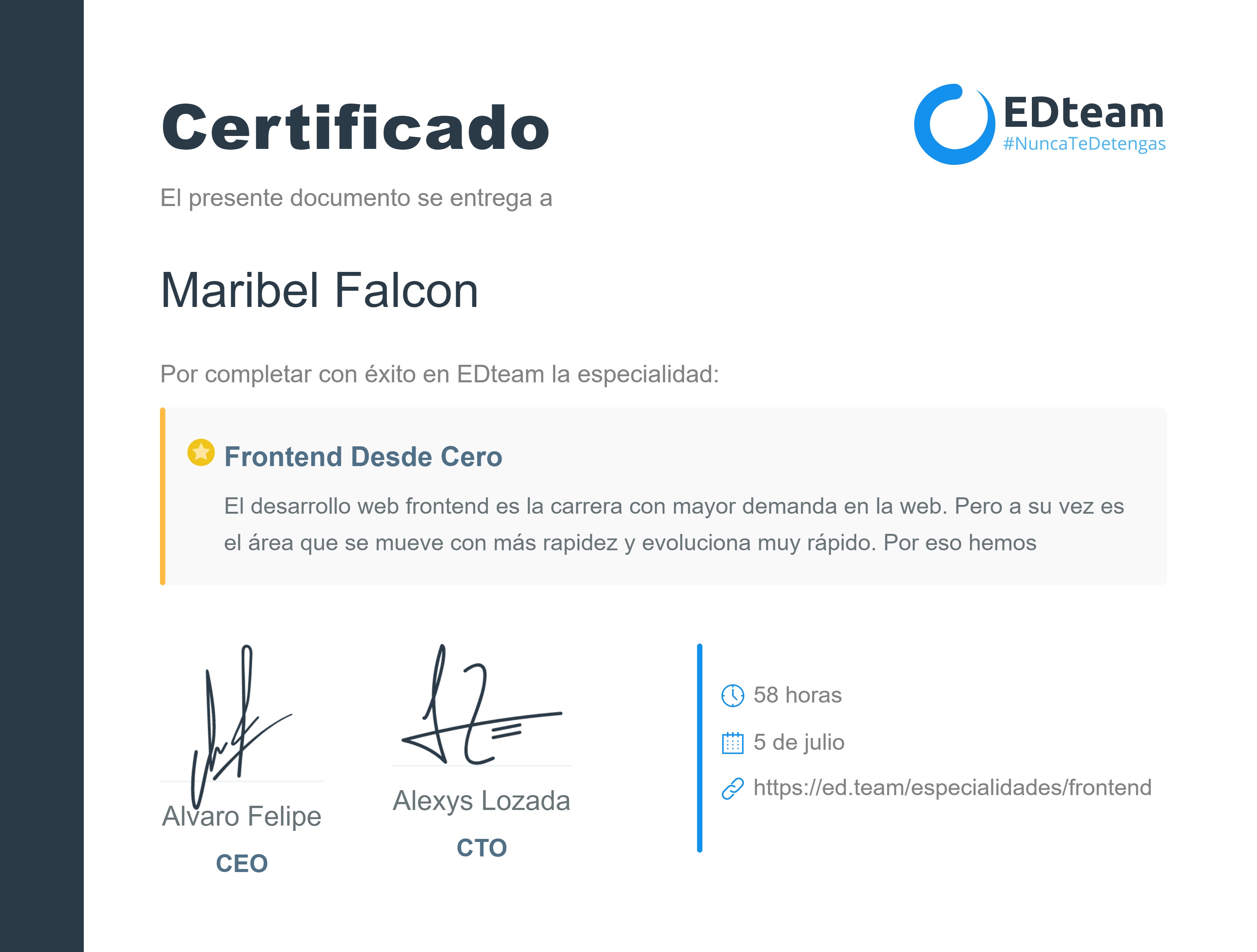 Certificado de Maribel Falcon de la ruta Frontend desde cero | EDteam