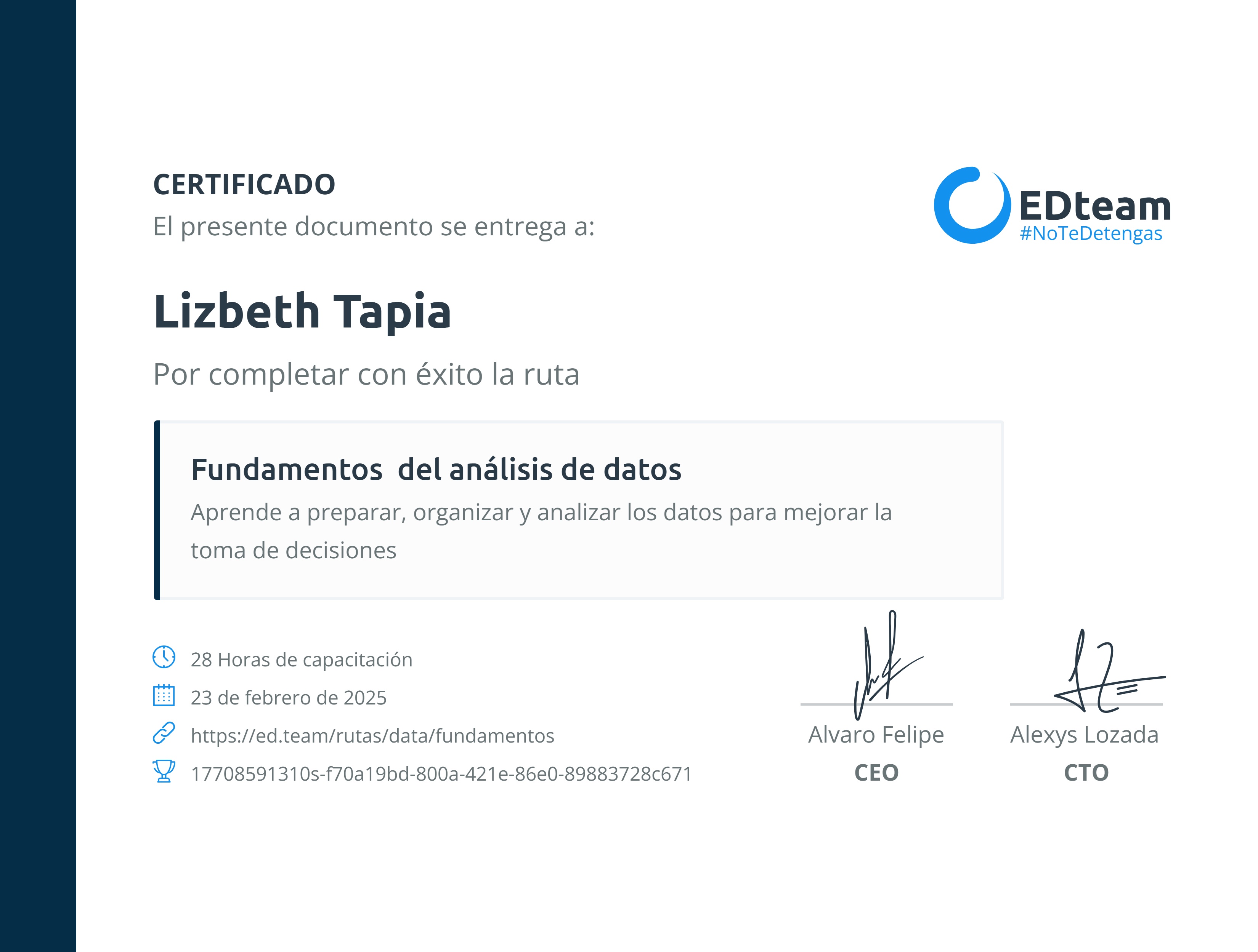 Certificado de Lizbeth Tapia de la ruta Fundamentos del análisis de ...