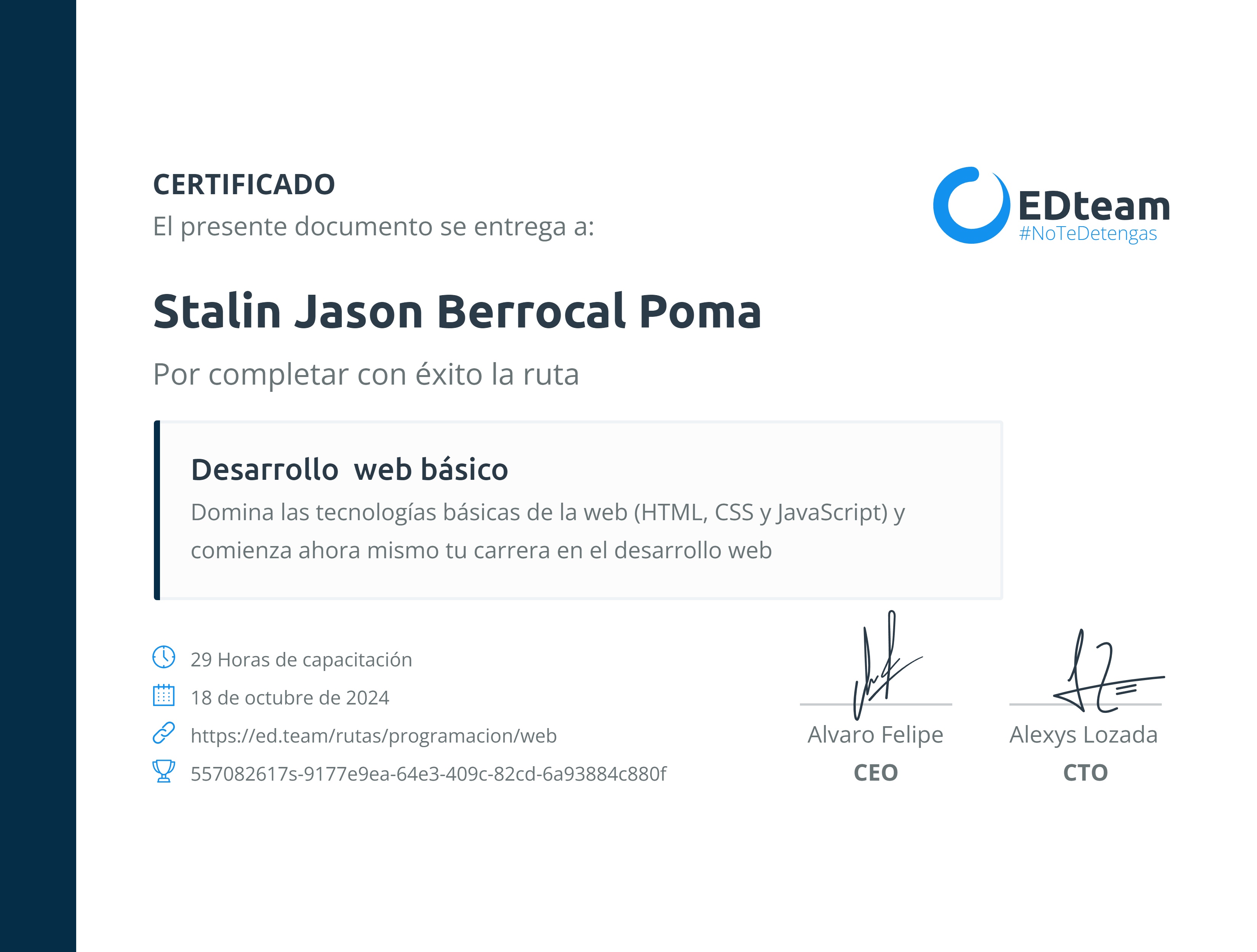 Certificado de Stalin Jason Berrocal Poma de la ruta Desarrollo web básico | EDteam