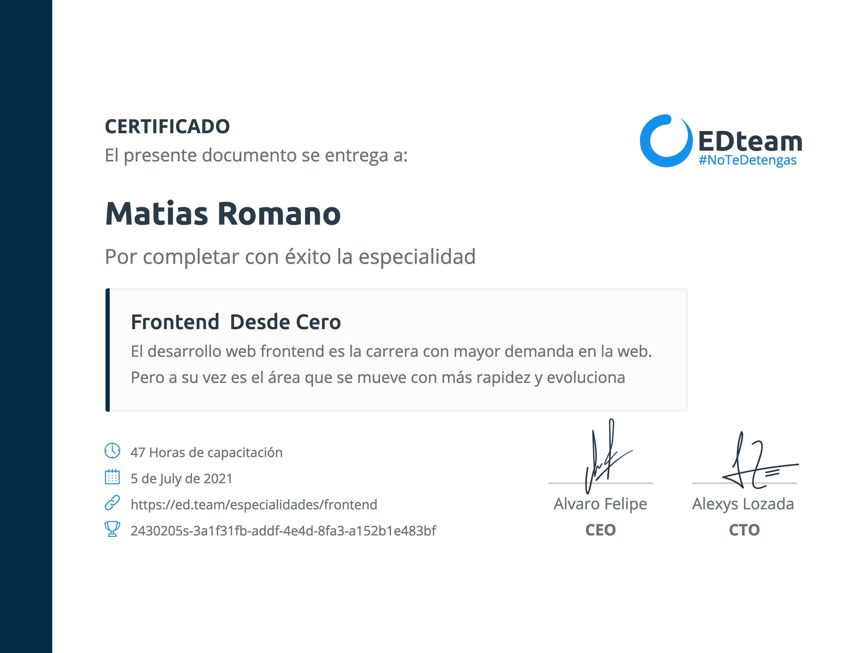 Certificado de Matias Romano de la ruta Frontend desde cero | EDteam