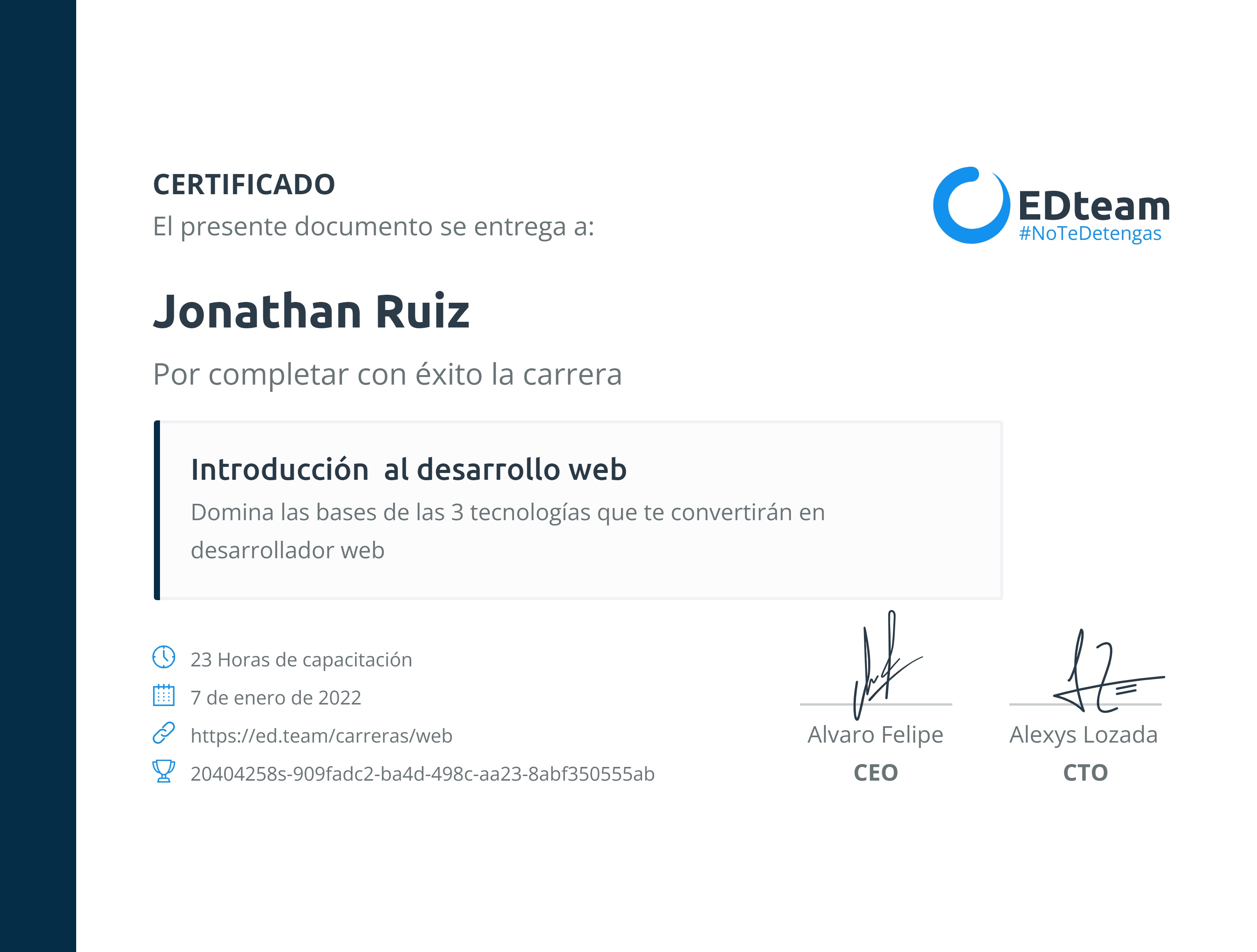 Certificado de Jonathan Ruiz de la ruta Desarrollo web para ...