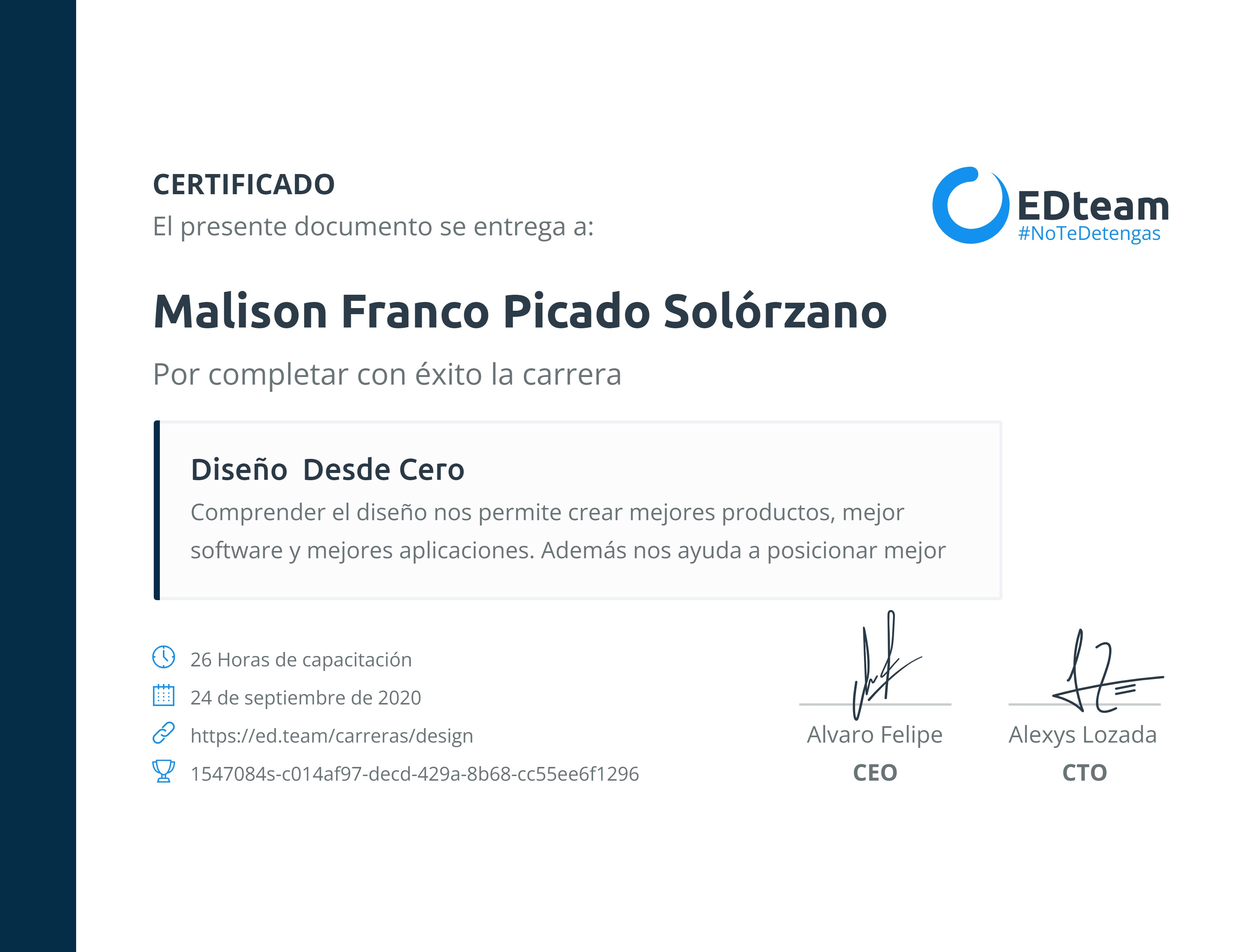 Certificado de Malison Franco Picado Solórzano de la ruta Diseño desde ...