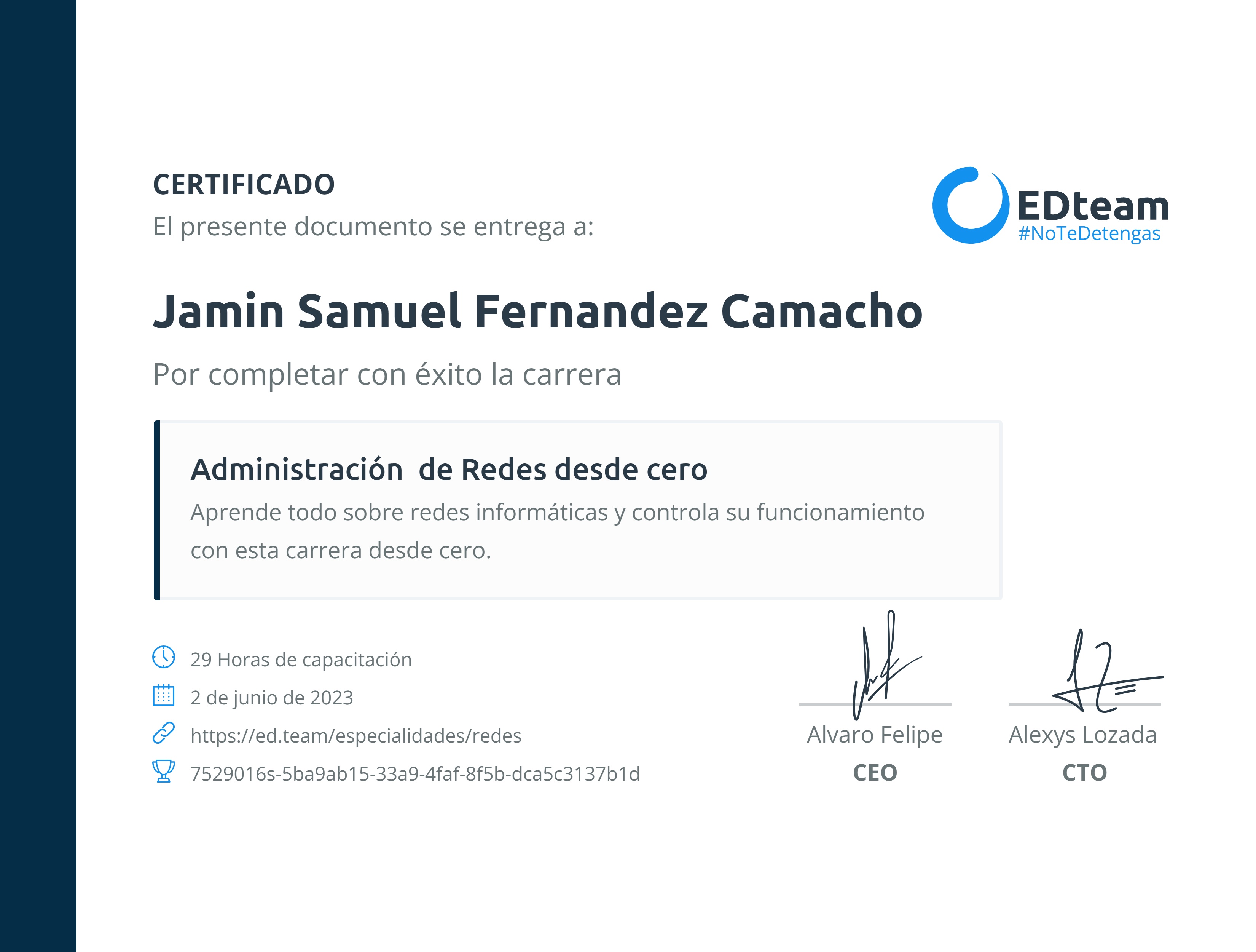 Certificado de Jamin Samuel Fernandez Camacho de la ruta Administración ...